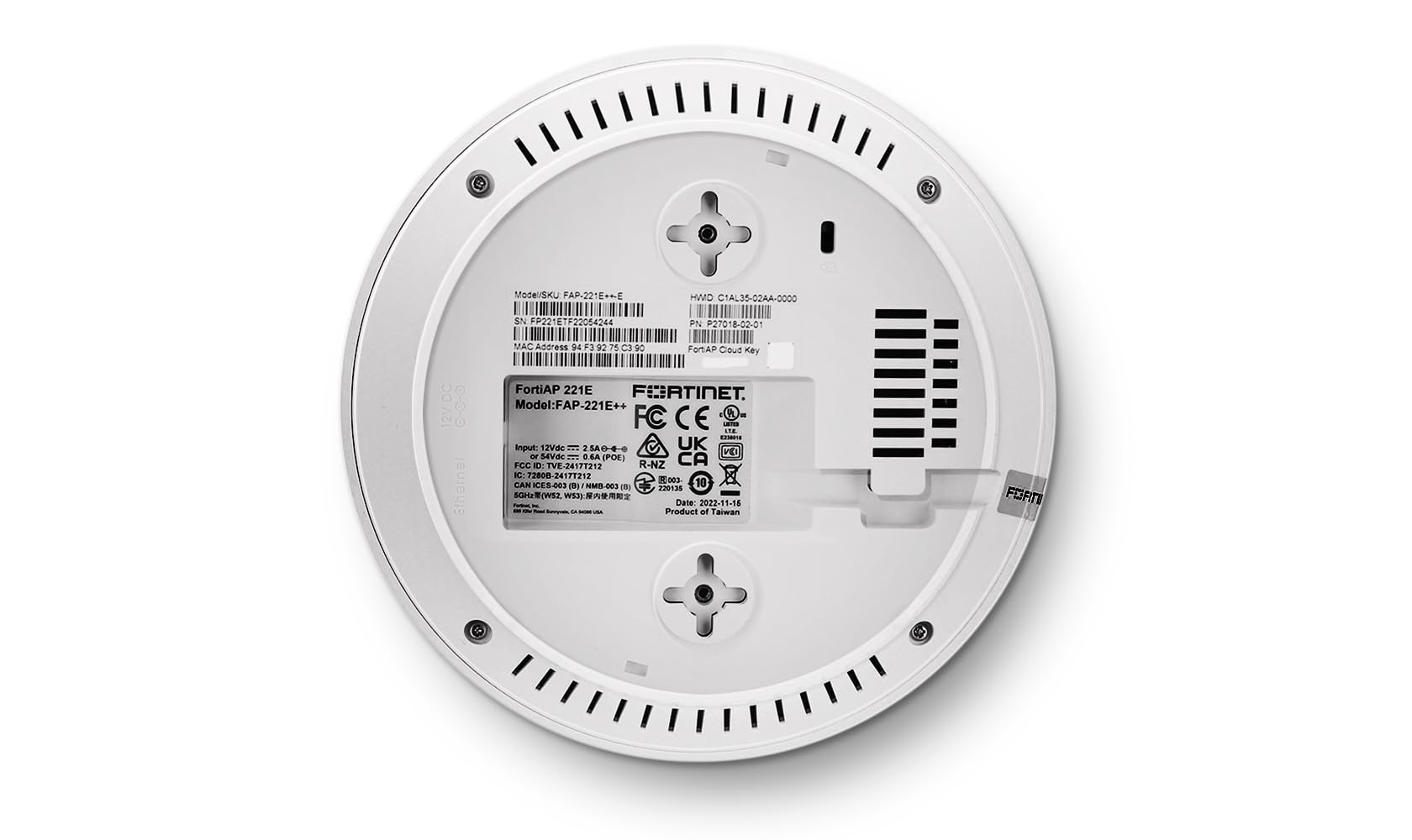Fortinet FortiAP 221E | 802.11ac Wave 2 indoor wireless Access Point - dual radio, 4 internal Antennas, 1 x 10/100/1000 RJ45 port (FAP-221E-A)