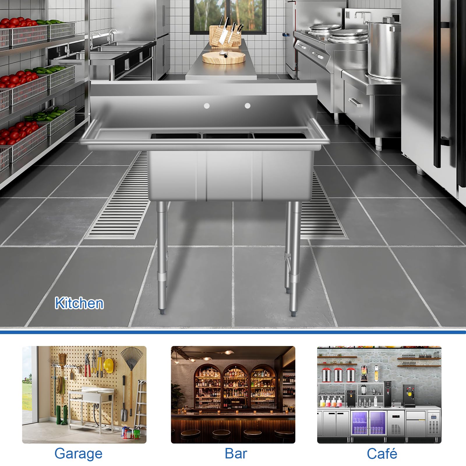 HARDURA Stainless Steel Kitchen Sink With 3 Compartments, Commercial Sink Left Drainboard Freestanding NSF Certified Utility Basin 10" L X 14" W X 10" D Bowl For Kitchen & Restaurant, Laundry Room