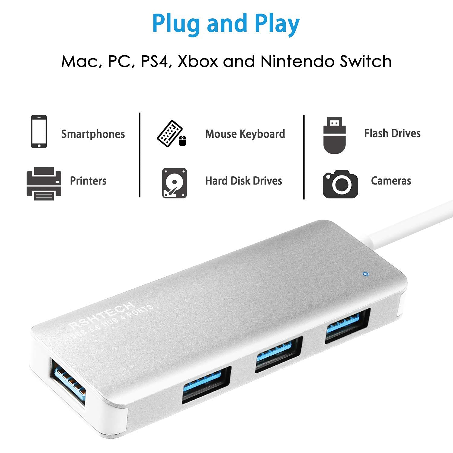 USB 3.0 Hub RSHTECH Aluminum 4 Port Ultra Slim USB 3.0 Data Hub Splitter Portable USB Port Expander for Laptop and PC (Silver)
