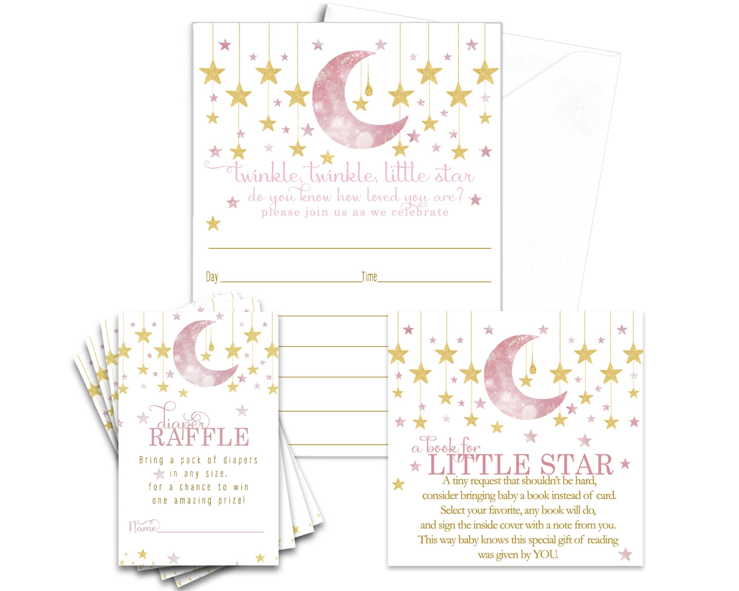 Twinkle Little Star Baby Shower Invitation Bundle Set Includes Blank Girls Invites with Envelopes Diaper Raffle Tickets Bring a Book Insert Cards (25 of Each) Celestial Themed Party Supplies