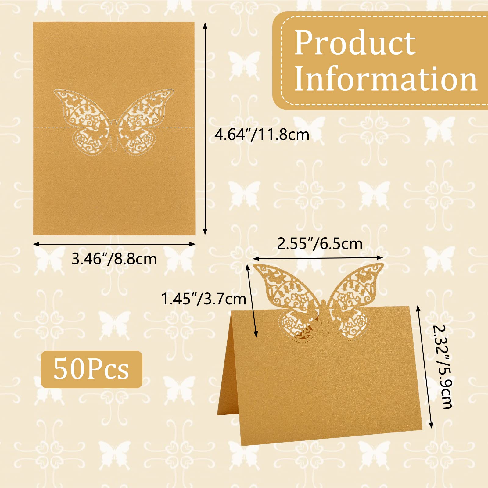 URROMA 3D-Butterfly Place Cards, 50 Pcs Gold Name Place Cards Laser Cut Design Table Cards Guest Name Food Signs for Table Setting Reception Party