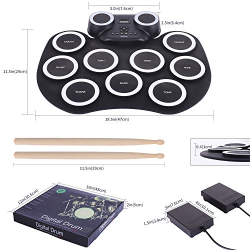 9 Pads Electronic Drum Set Roll up LED Lights Pratice Drum,Bluetooth,MIDI,Built-in Speaker,Long Hours Playtime Portable Drum,Birthday Festival Gift for Kids and Beginners