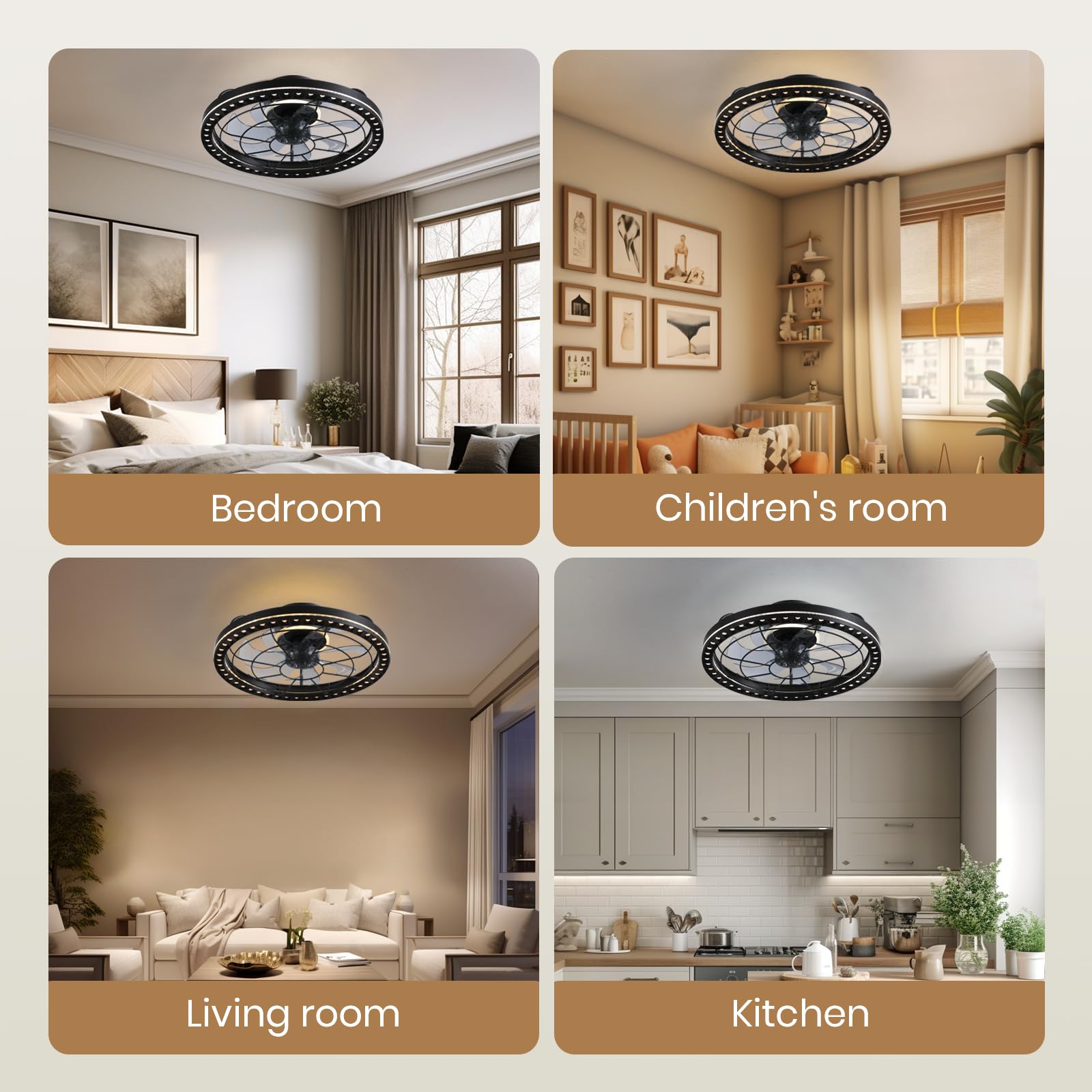7PM Caged Low Profile Ceiling Fans with Lights and Remote, 19" Smart Flush Mount Ceiling Fan Light Kit for Bedroom, Kitchen Dining Room- Black