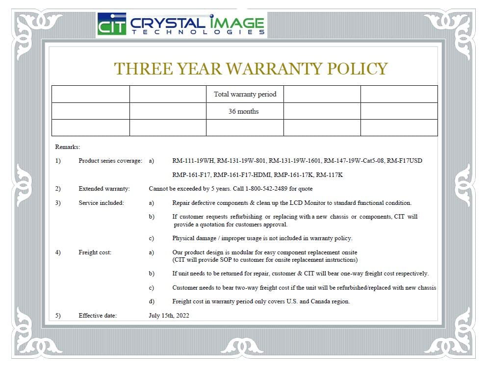 Crystal Image Technologies - Rackmount Monitor, 1920 X1080, 1U 17.3" LCD, VGA + HDMI Input Part#RM-F17USD-16BRK, 3 Year Warranty