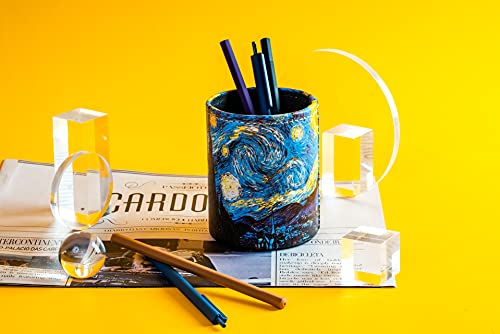 lizimandu PU Leather Pencil Pen Holder,Round Pencil Cup Stationery Desk Organizer Control Storage Box for Home Office Bedroom(1 Pack,1-Starry Sky)