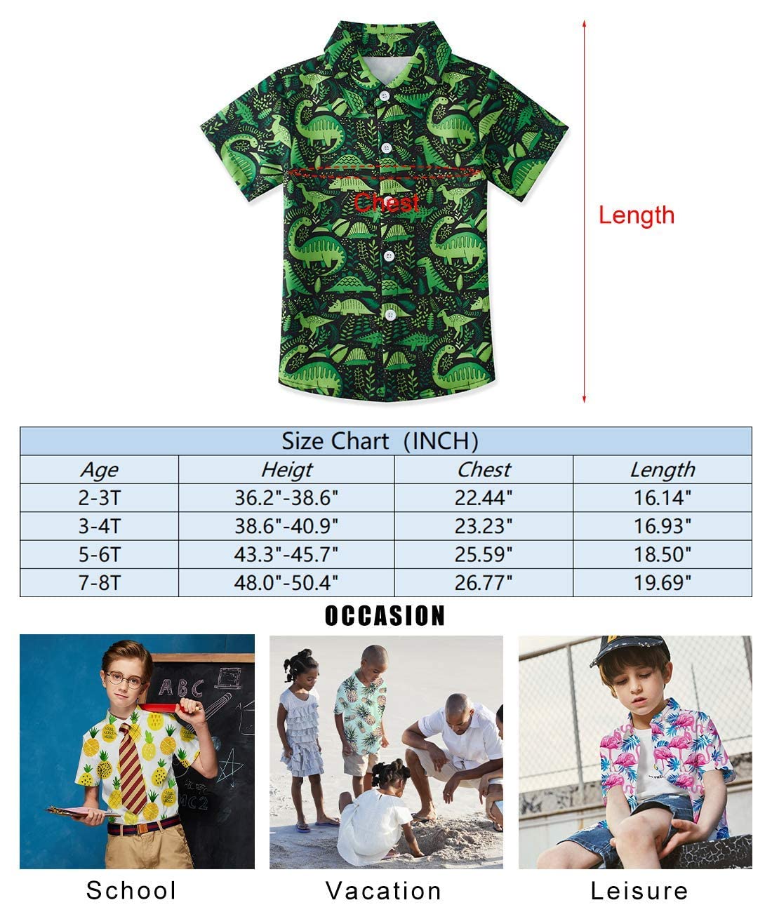 uideazone 5 Years Dinosaur Green Boys 3D Printed Holiday Button Down Shirt Novelty Tropical Themed Hawaiian Tops Clothes for Boys 5-6T