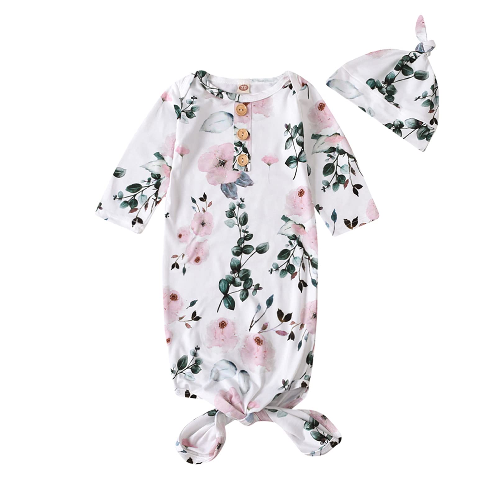 Kislio Newborn Baby Girls Boy Knotted Gown Floral Nightgown Sleeper Gown Swaddle Headband Hat Coming Home Outfit Set Pink