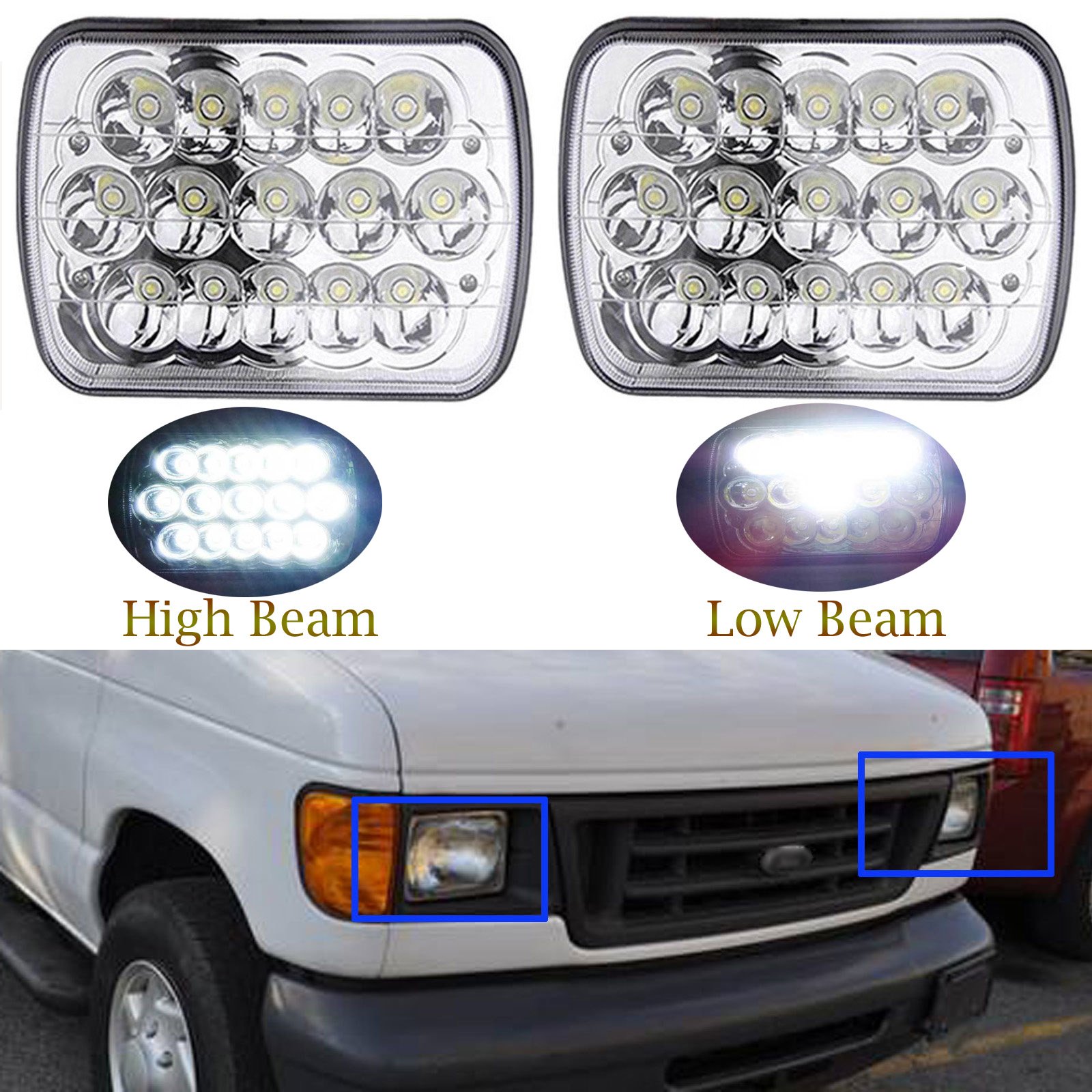 7x6 Inch for Ford E-150 E-250 E-350 LED Headlights Sealed Beam Square Headlamps High Low Double Beam H6014 H6052 H6054 6054 45W 1Pair - 2 Yr Guarantee