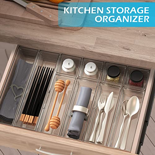 soulmate 10Pcs Clear Drawer Organizer Tray 3-Size Plastic Desk Drawer Organizations Set Bathroom Vanity Drawer Organizer Storage Tray for Makeup, Kitchen Utensils, Jewelries and Gadgets