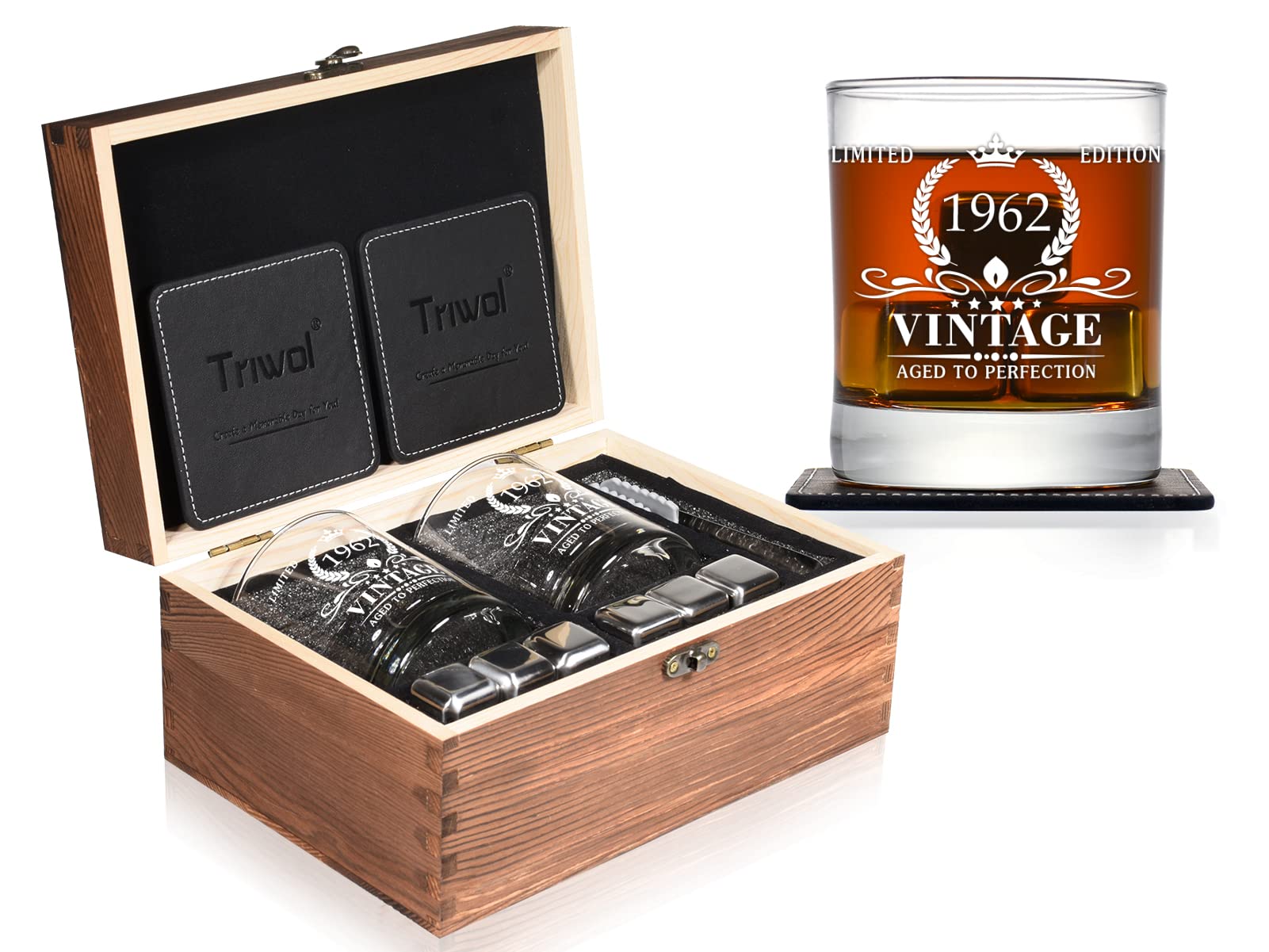 62nd Birthday Gifts for Men, Vintage 1962 Whiskey Glass and Stones Gift Set of 2, Funny 62 Birthday Gift for Dad Husband Brother, 62 Birthday Present Ideas for Him, 62 Year Old Bday Decorations