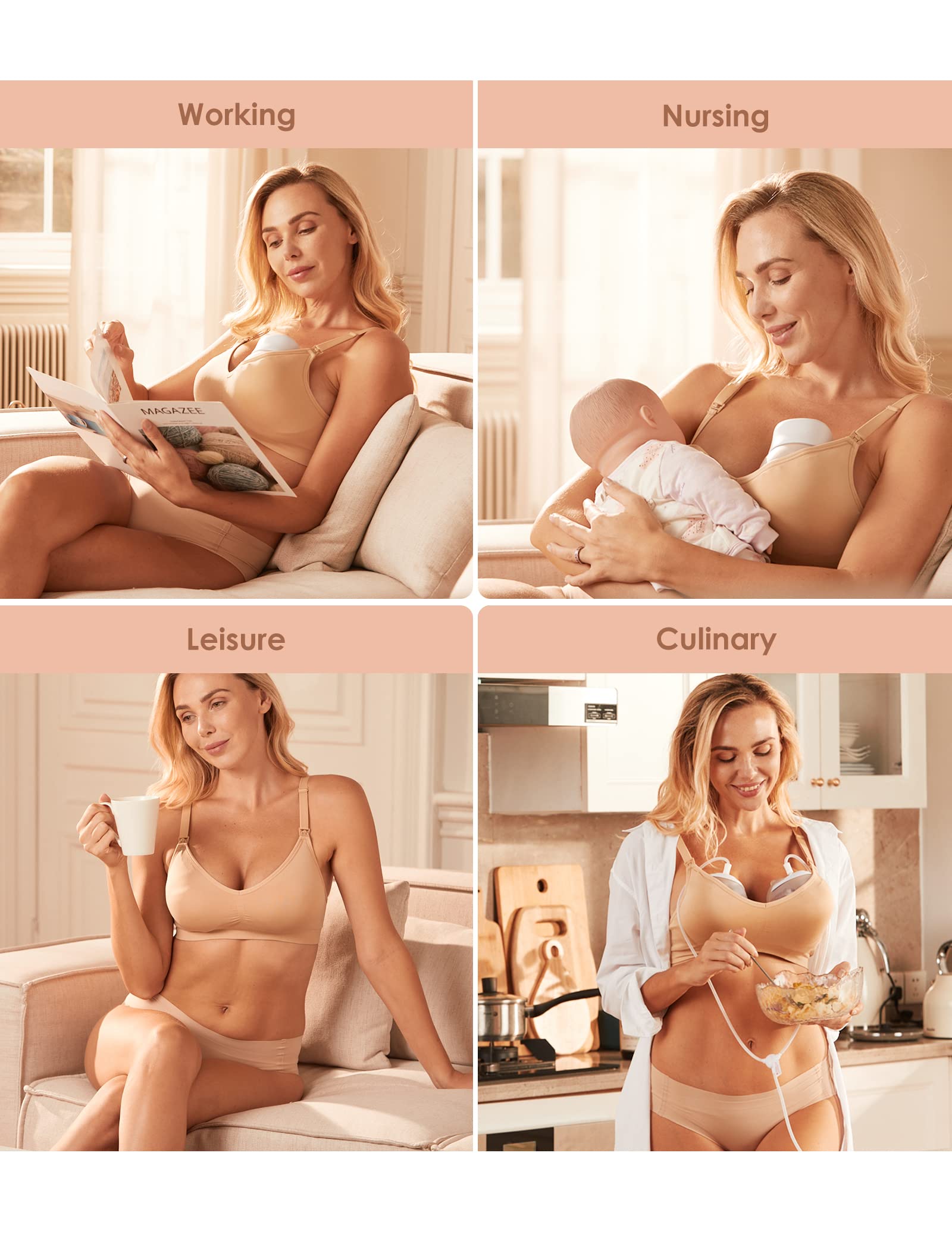3AXE Hands Free Pumping Braor Women 2 Pack Supportive Comfortable All Day Wear Pumping and Nursing Bra in One Holding Breast Pump Black Beige Large