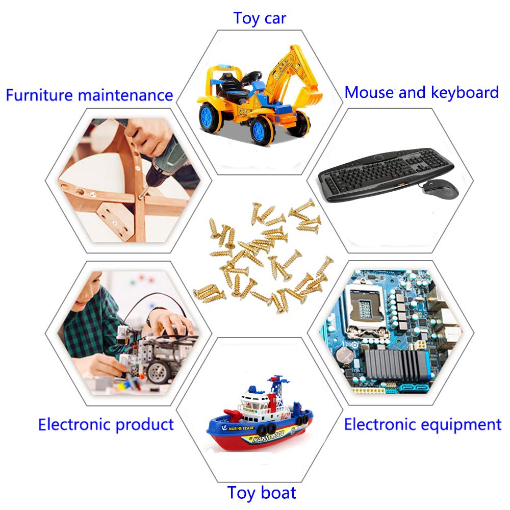 newlng 1200pcs Small Screws Phillips Flat Head Cross Self Tapping Tiny Screw Cabinet Electronic Accessories Screw Multifunctional DIY Micro Woodworking Mini Screw Set Gold