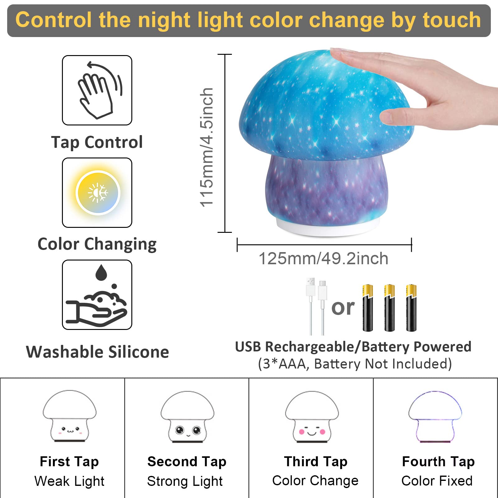 ANGTUO Mushroom Lamp 7 Color Changing Tap Control Mushroom Night Light Cute Squishy Silicone Lamp Funny Gift for Daughter Kid…