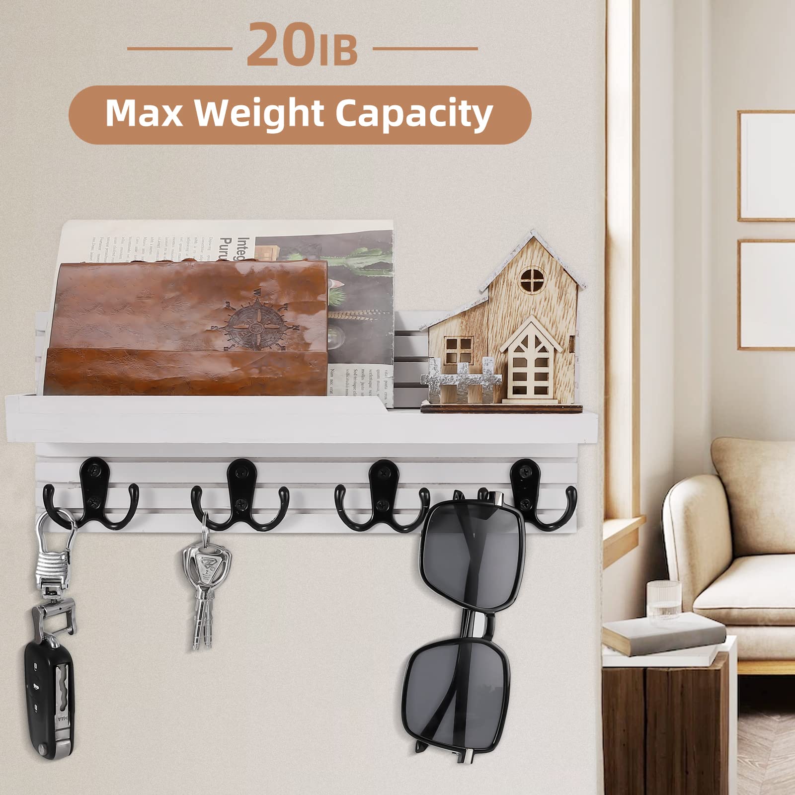 WeBravery Decorative Key Hanging Rack with 4 Double Hooks β Easy Install Natural Wooden Key and Mail Holder for Wall Mount β Entryway Decor Rack with Shelf (White)