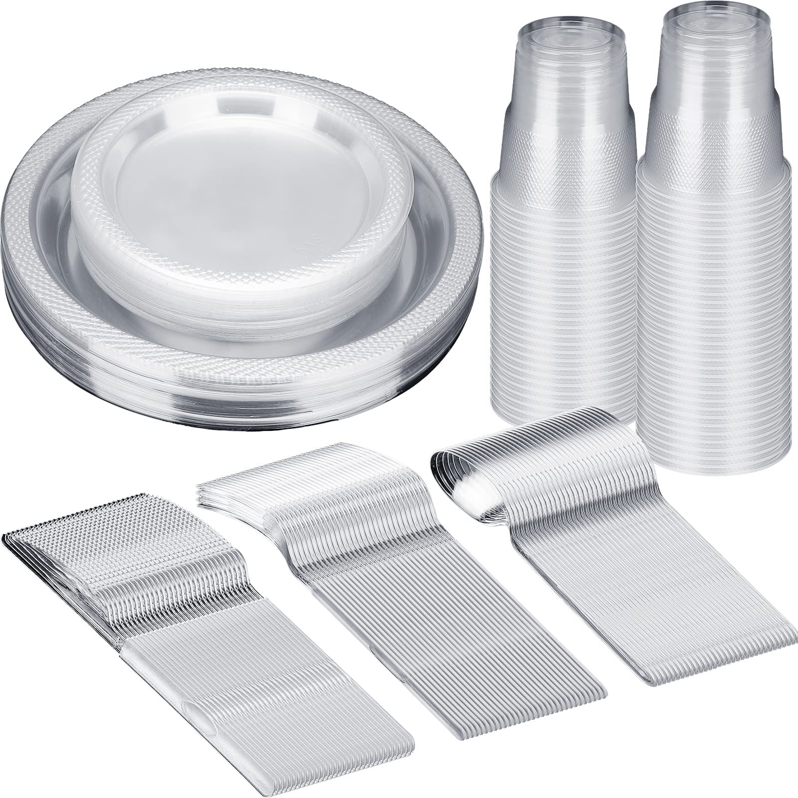 300 Pcs Clear Plastic Plates with Clear Plastic Cutlery Set, 50 Guests Disposable Plastic Utensils Plastic Silverware Clear Dinnerware Set Include Dinner Plates, Clear Cups, Forks, Spoons, Knives