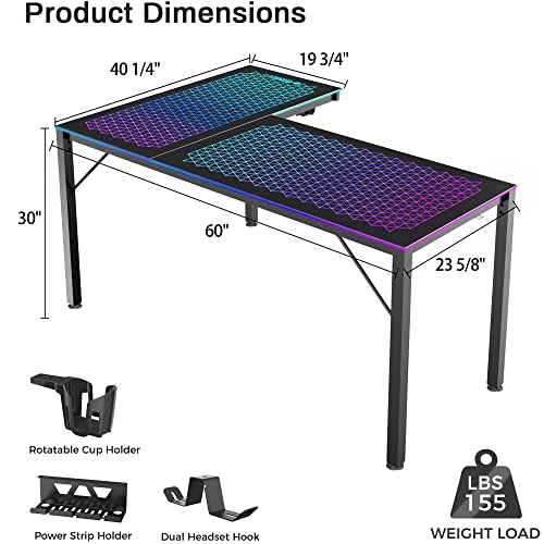 EUREKA ERGONOMIC Music Sensing RGB LED Lights Glass Gaming Desk, 60 Inch L Shaped Reversible Top, Home Office Corner Computer Studio Table Gifts GTG L60 w Cup Headset Socket Holder, Smart APP Control
