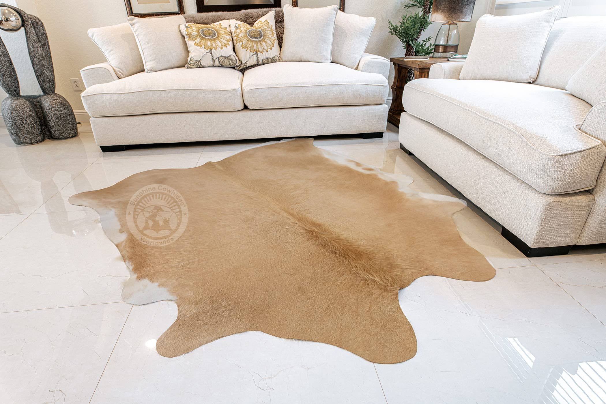 Genuine Palomino Beige and White Cowhide Rug 6 x 7-8 ft. 180 x 240 cm