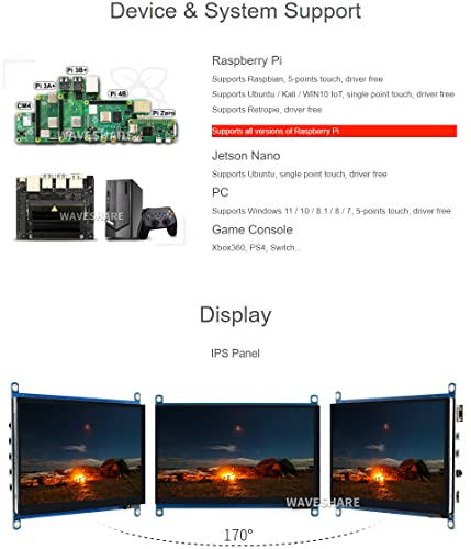 Waveshare 7inch Capacitive Touch Screen LCD Compatible with Raspberry Pi 5/4B/3B+/3A+/2B/B+/A+/Zero/Zero W/WH/Zero 2W CM3+/4 Series Boards 1024×600 Resolution HDMI IPS Supports Windows