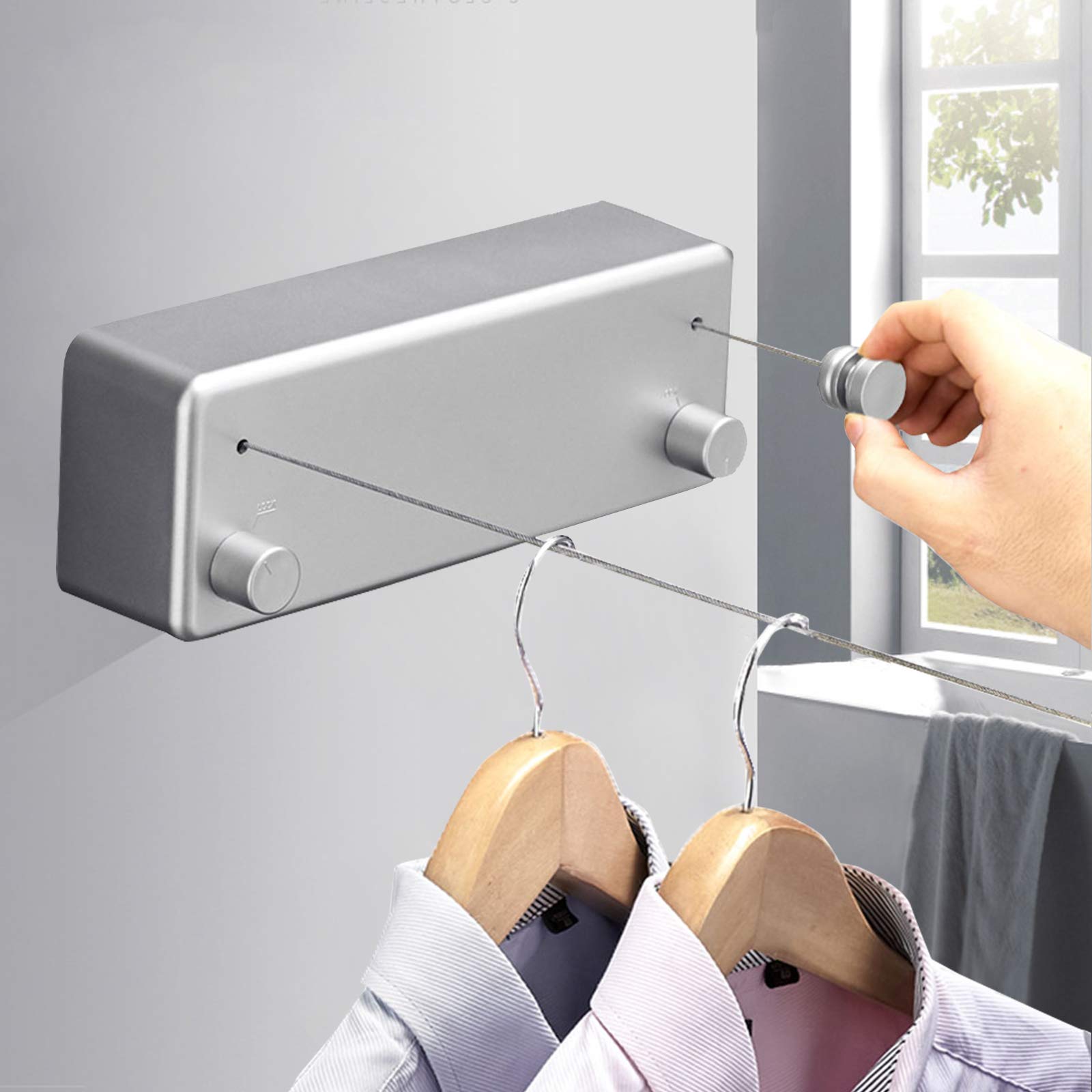 BAKALA Retractable Clothesline Indoors Laundry Line with Adjustable Stainless Steel Double Rope,Wall Mounted Space-Saver Drying Line for Balcony,Bathroom,13.8 Feets Clothes Line(Grey)
