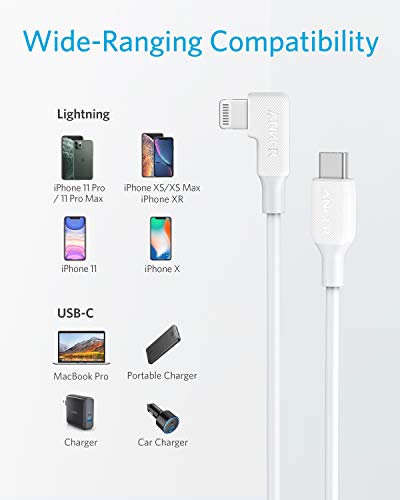 Anker USB-C to 90 Degree Lightning Cable (3 ft), MFi Certified, Supports Power Delivery for iPhone SE / 11 Pro/X/XS/XR / 8 Plus/AirPods Pro, iPad 8, iPod Touch, and More(White)