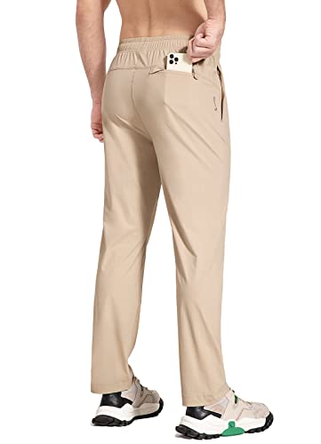 BALEAF Men's Running Pants Elastic Waist Lightweight Jogging Stretch Golf Workout Pants with Zipper Pockets Khaki XL