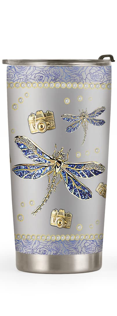 64HYDRO 20oz Dragonfly Gifts for Dragonfly Lovers, Valentines Day Gifts for Her, Birthday Gifts for Women, Mom, Daughter, Printed Jewelry Photographer Dragonfly Tumbler Cup, Travel Coffee Mug with Lid