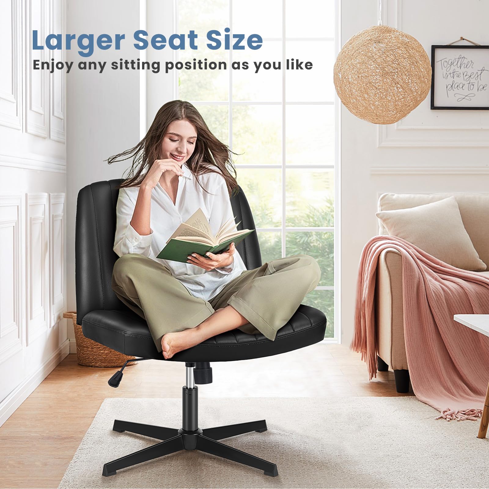 DUMOS Cross Legged Armless Wide Wheels, Modern Home Office Desk Swivel Adjustable Vanity Chair, Leather Black