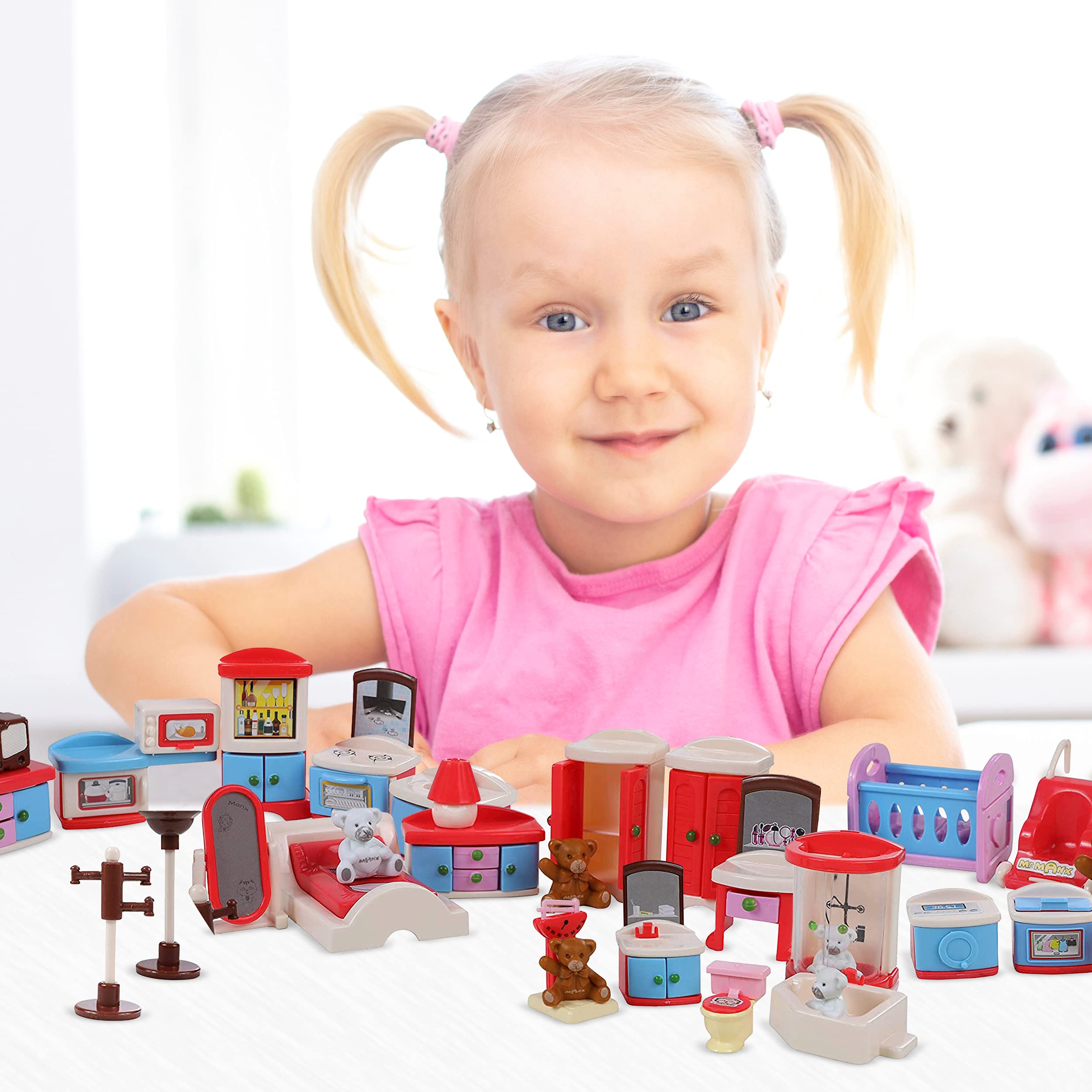 Beverly Hills Doll Collection Dollhouse Accessories Furniture and Accessory Set, All in one Bedroom, Kitchen, Laundry Room, and Bathroom 46 Piece Mega Set in a Storage Container