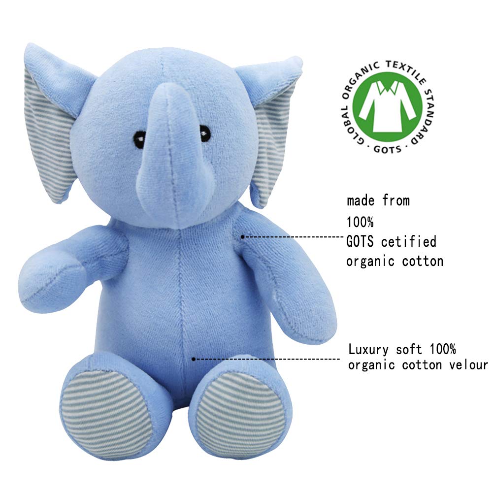Benaturalbaby Organic Cotton Animal Elephant - Soft Toy Stuffed Animal Plush Elephant (Infant Baby First Lovely Elephant), 7.9 inch (Blue)