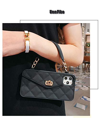 UnnFiko Wallet Case Compatible with iPhone 11, Cute Light Luxury Bag Design, Purse Flip Card Pouch Cover Soft Silicone Case with Handstrap Long Shoulder Strap (Black, iPhone 11)