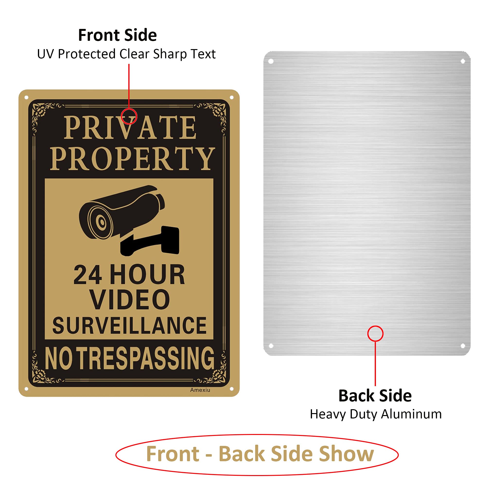 3 Pack Private Property No Trespassing Sign, 24 Hours Video Surveillance Warning Sign | 10" x 7" Rust Free Aluminum Easy Mounting Fade Resistance.