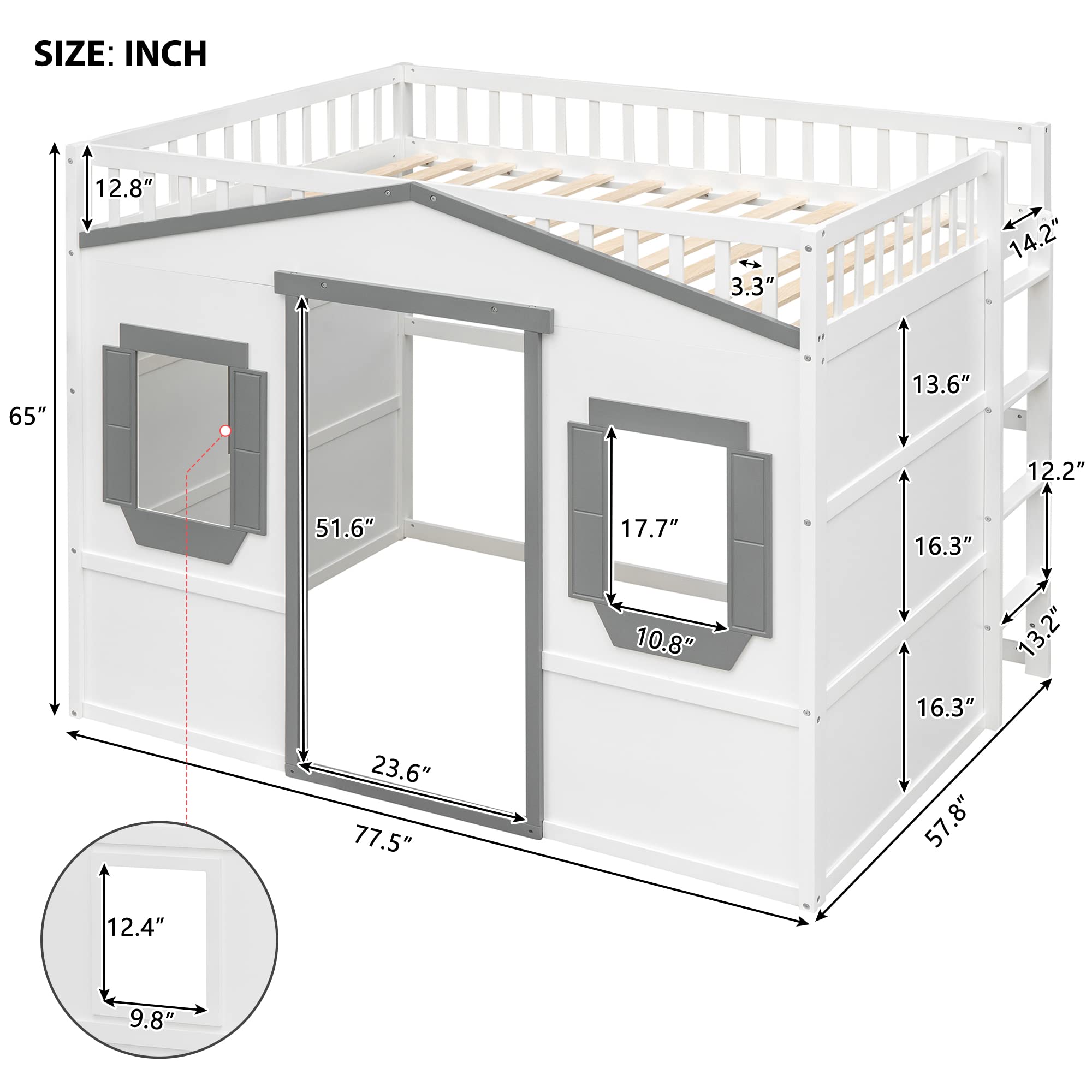 Full Size House Loft Beds Wood Loft Bed Frame with Window and Wall Fun Playhouse Bed with Ladder for Kids Boys Girls Teens, White with Gray