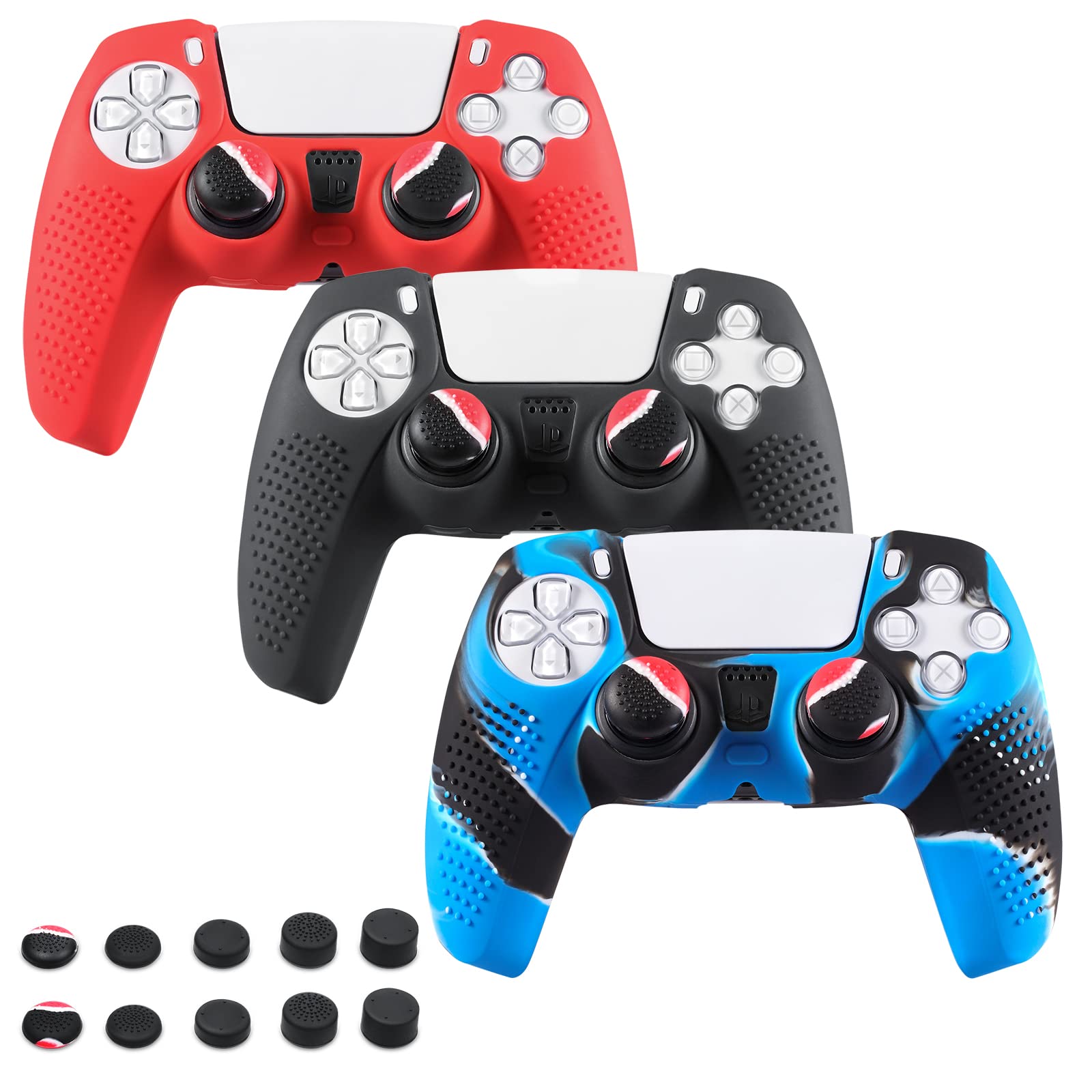 3 Pack Red Black Blue PS5 Silicone Controller Skin Cover with 10 x FPS PRO Thumb Grips Cap