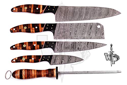 World Points WP-007 Custom Handmade Damascus Professional kitchen Chef knives set-5-Piece (Olive & Rose Wood)