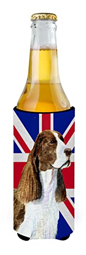 Caroline's Treasures SS4955MUK Springer Spaniel with English Union Jack British Flag Ultra Hugger for slim cans Can Cooler Sleeve Hugger Machine Washable Drink Sleeve Hugger Collapsible Insulator Beve