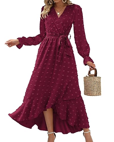 BTFBM Women's Boho Wrap Maxi Dress Summer Fall V Neck Swiss Dot Long Sleeve Flowy Slit Wedding Party Cocktail Dresses(Swiss Dot Wine Red, Small)