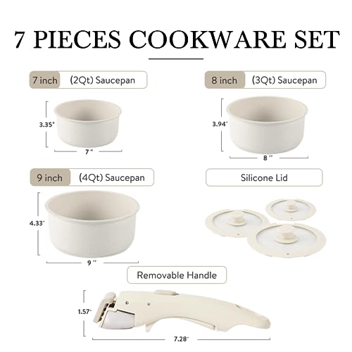 CAROTE 7pcs Pots and Pans Set, Nonstick Cookware Set Detachable Handle, Induction Kitchen Cookware Sets Non Stick with Removable Handle, RV Cookware Set, Saucepan Sets