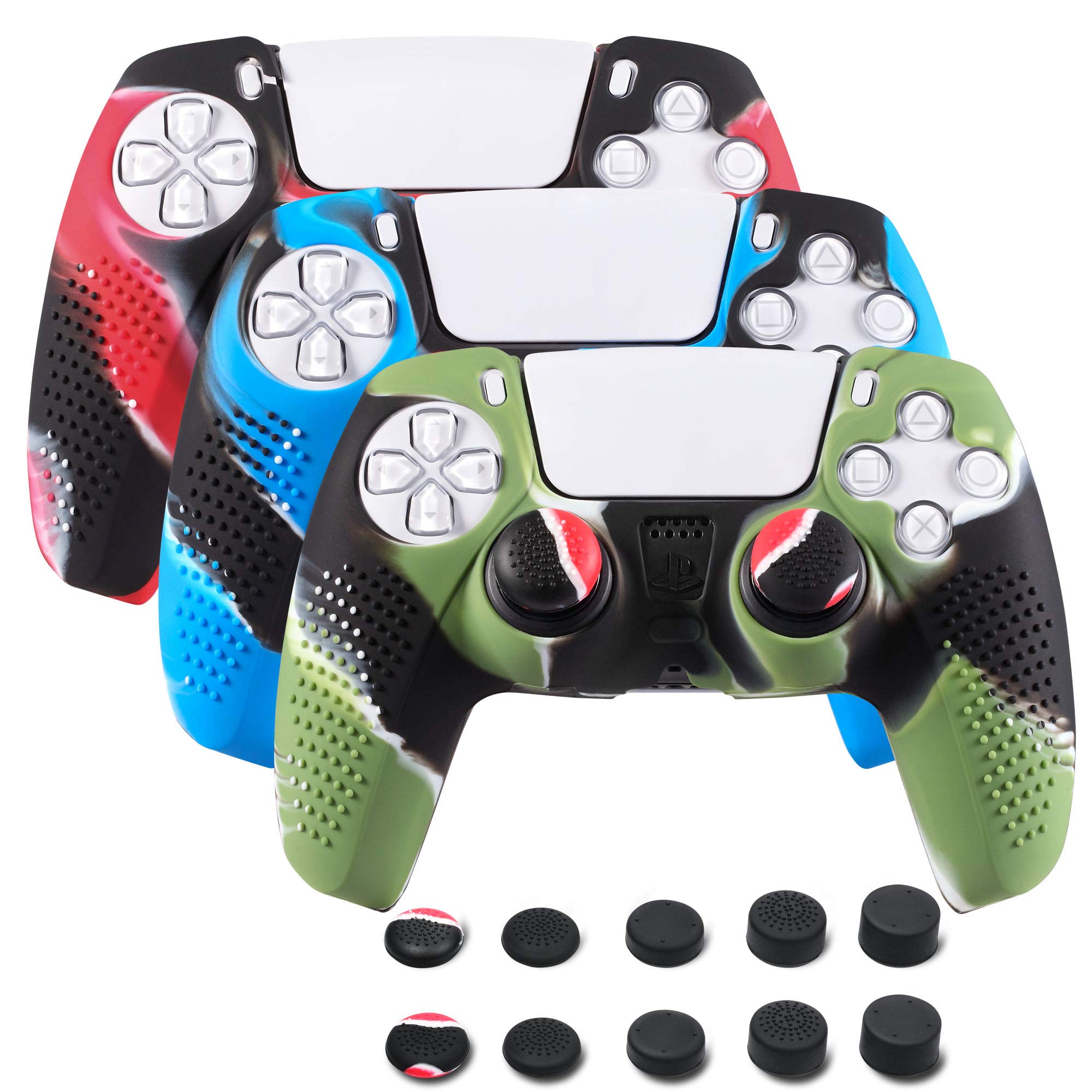 3 Pack Silicone Camouflage Skin for PS5 Controller - SYMOTOP Anti-Slip Protector Cover Case Grip Compatible with Sony Playstation 5/PS5 DualSense Controller with 10 X FPS PRO Thumb Grips Caps