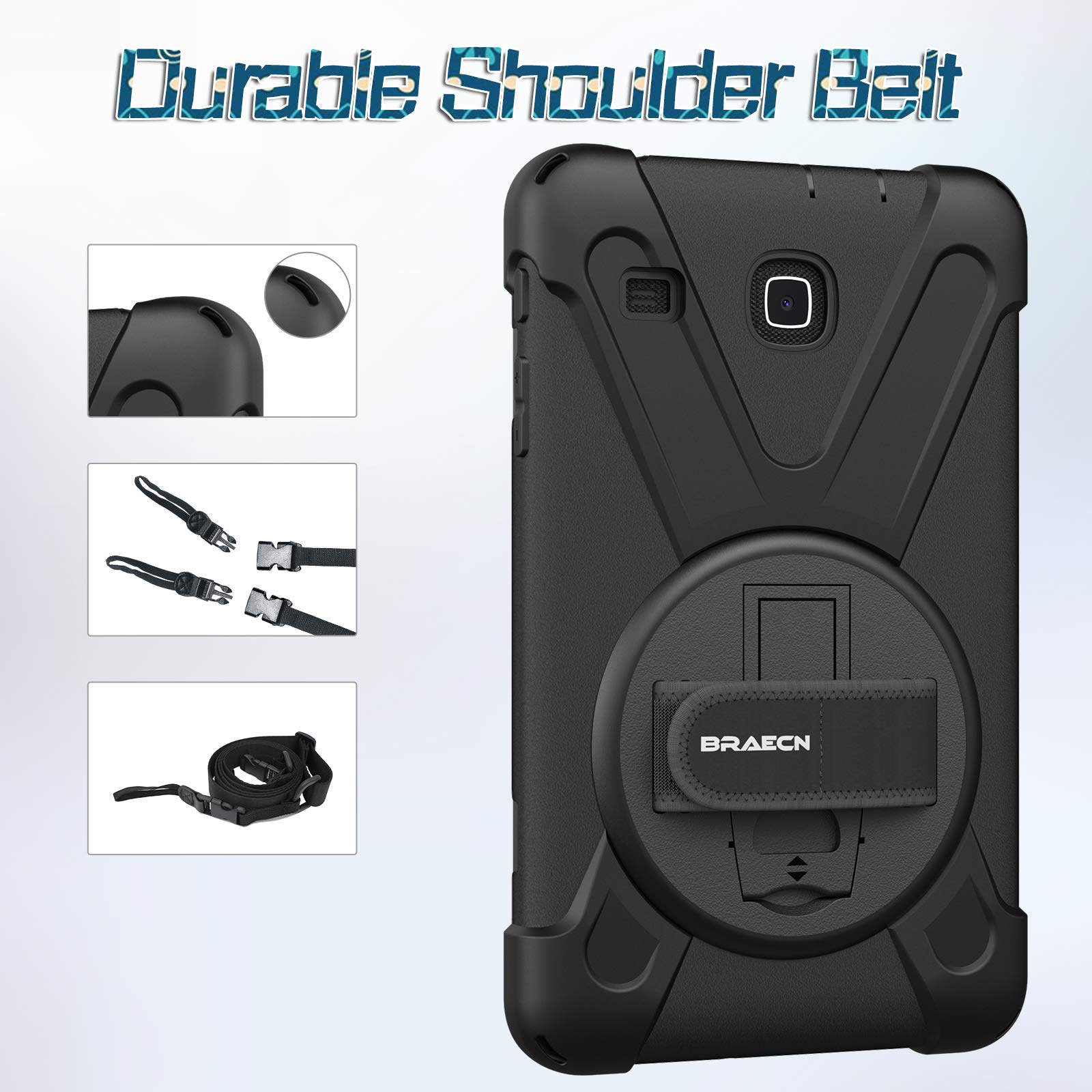 BRAECNstock Samsung Galaxy Tab E 8.0 Case (SM-T375/T377/T378),Shockproof Durable Protective Cover with 360° Kickstand&Hand Strap,Shoulder Strap,Kids Tablet Case for Galaxy SM-T377A/T377V/T378V,Black