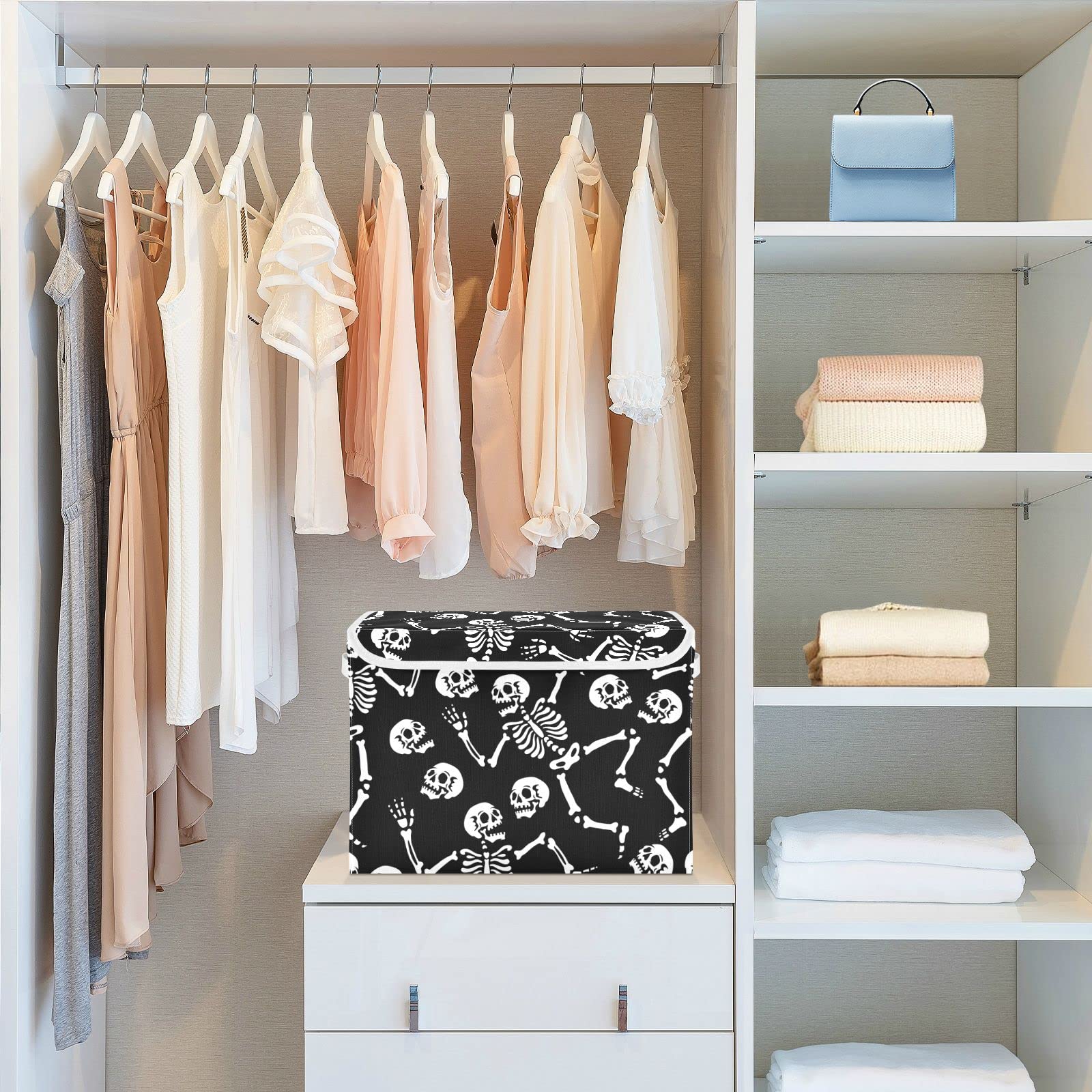 CaTaKu Skull Black Storage Bins with Lids,Halloween Fabric Large Storage Container Cube Basket with Handle Decorative Storage Boxes for Organizing Clothes Shelves