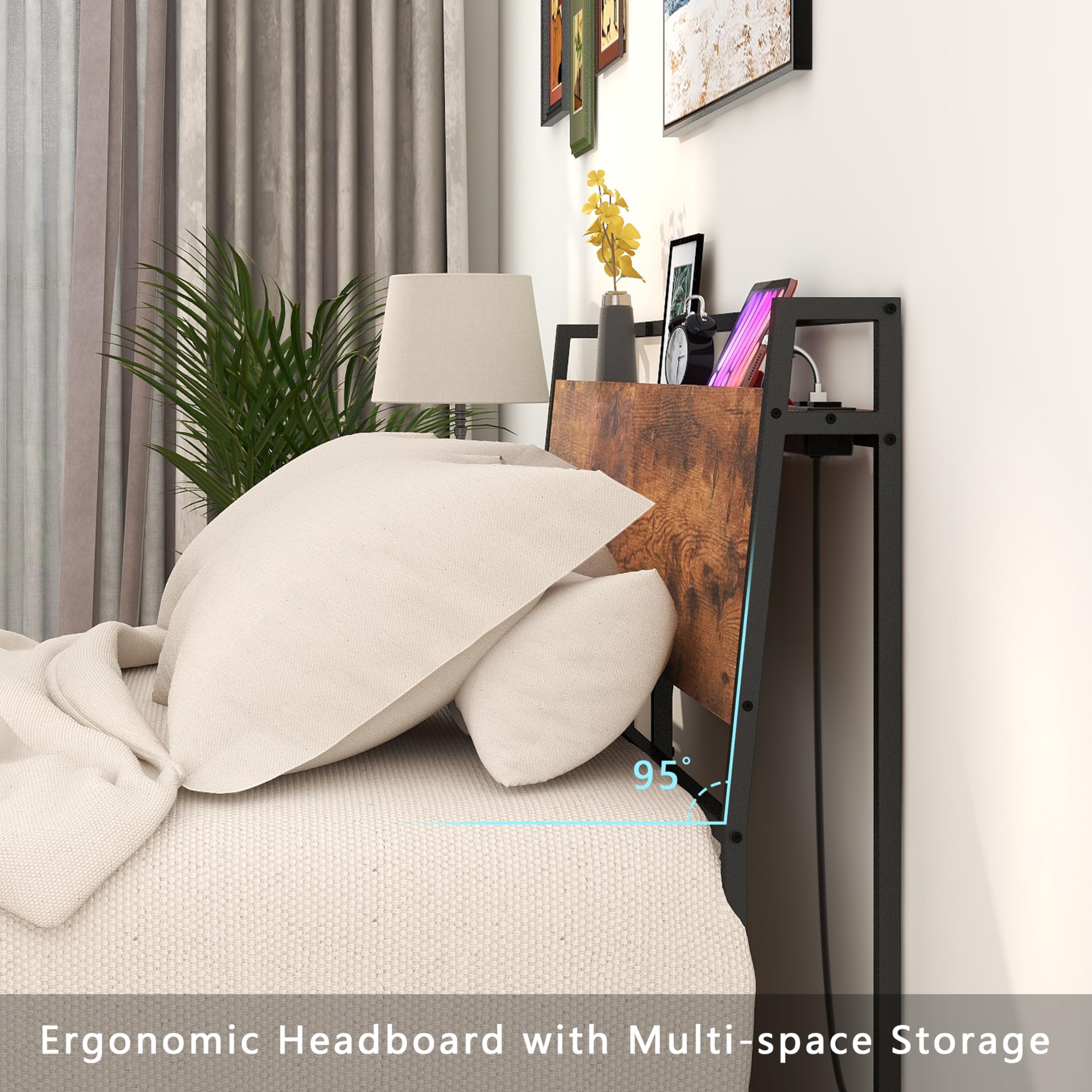 GiftGo King Size Headboard Ergonomic Headboard with 4 Outlets and 4 USB Ports LED Light Adjustable Height Storage Rack Sturdy and Stable Metal Frame & Wood Shelf Easy Assembly (Brown, King)