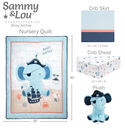 Sammy & Lou Ahoy Archie 4-Piece Baby Nursery Crib Bedding Set for Boys, Includes Quilt, Fitted Crib Sheet, Crib Skirt, and Plush Toy