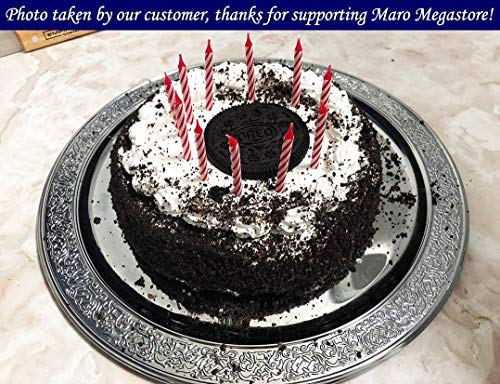 MARO MEGASTORE (Pack of 4 Traditional Round Floral Pattern Engraved Catering Chrome Plated Serving Tray Mirror Plate Silver Metal Platter Tableware Wedding Birthday (Extra Large) T139 (4-Pack (13"))