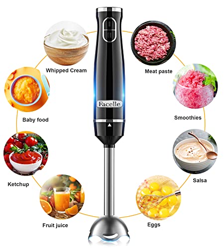 Facelle Immersion Hand blender 1000W, 4-in-1 Handheld Smoothie Blender Stick Blender with Chopper, Beaker, Whisk for Smoothie, shakes, Baby Food, Sauces Red, Puree, Soup