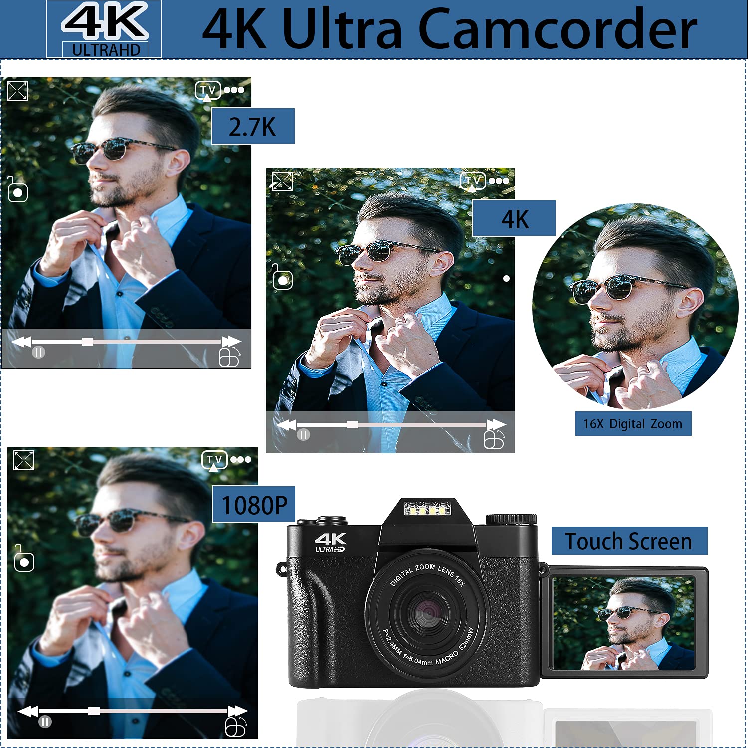 4K Digital Cameras for Photography 48MP Vlogging Camera 16X Digital Zoom Manual Focus Rechargeable Students Compact Camera with 52mm Wide-Angle & Macro Lens, 32G TF Card and 2 Batteries