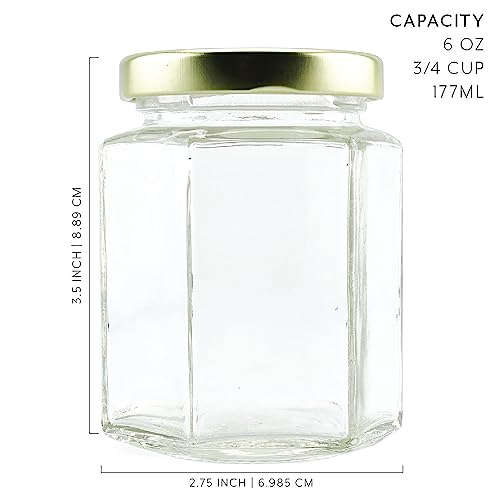 Cornucopia 6-Ounce Hexagon Glass Jars (12-Pack); Empty Hex Jars w/Gold Lids for Party Favors, Jams, Samples & More