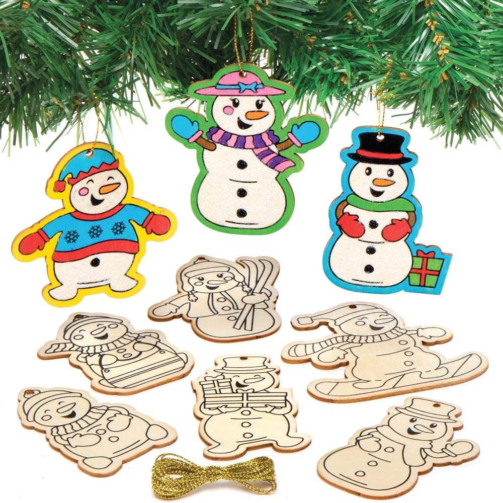 Baker Ross AX507 Snowman Wooden Decorations - Pack of 12, Christmas Decorations for Kids to Decorate and Display, Ideal Kids Arts and Crafts Project