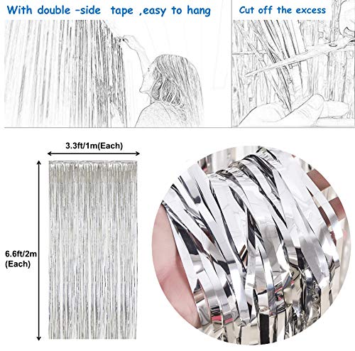 Moohome 2 Pack Silver Foil Fringe Curtain, Fringe Backdrop Curtains for Birthday Wedding Engagement Bridal Shower Bachelorette Party Decorations