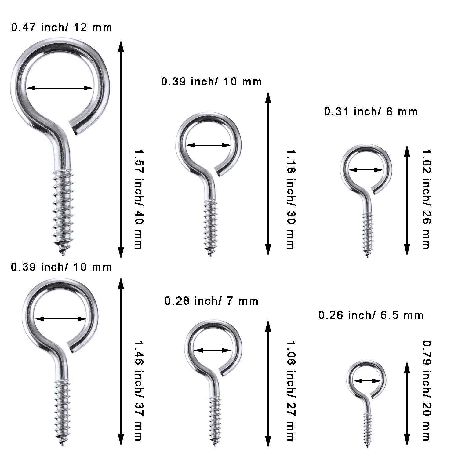 Eye Bolts Screw Eyes, Assortment Size, 100 Pieces