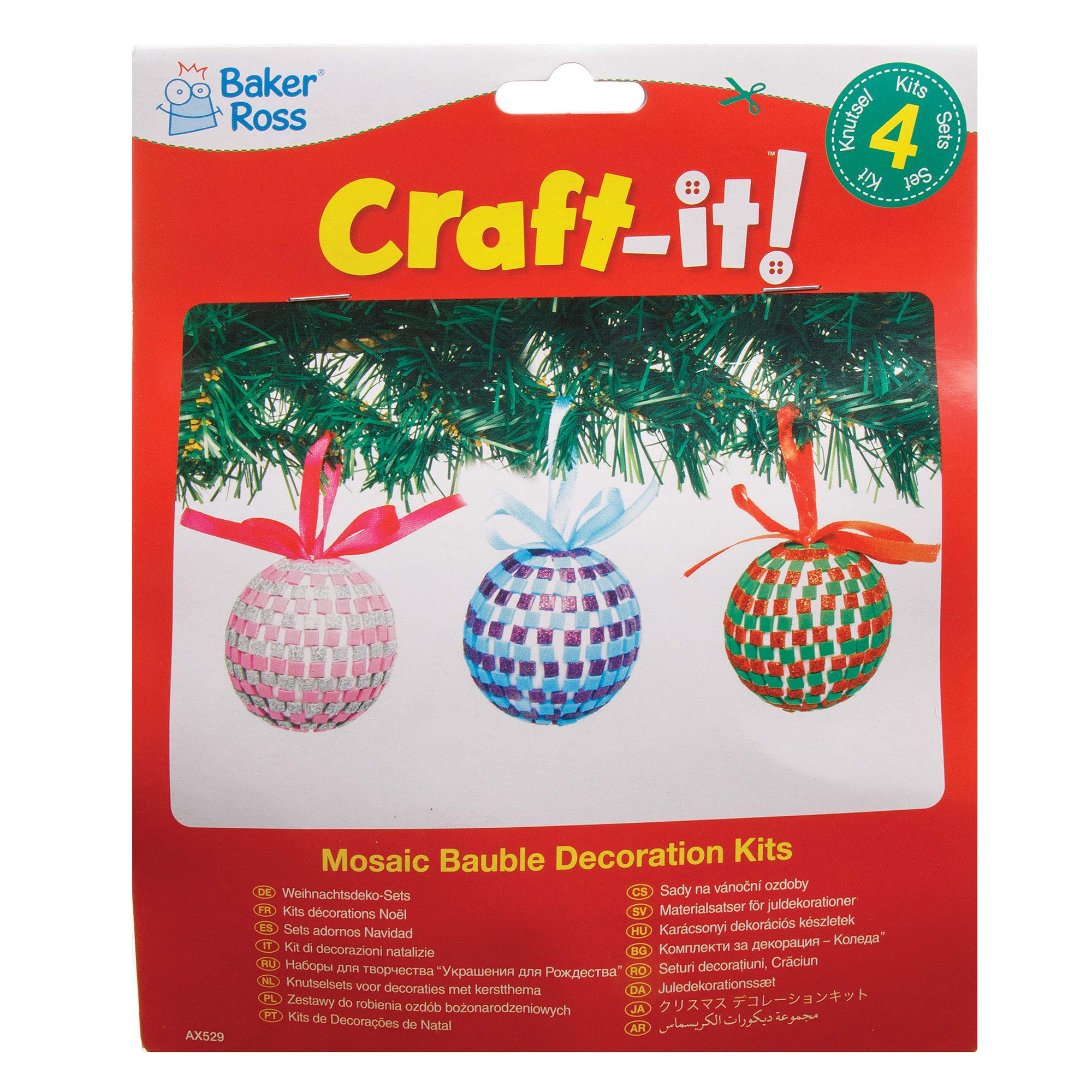 Baker Ross AX529 Mosaic Christmas Ornament Kits - Pack of 4, Christmas Tree Decorations for Kids Arts and Crafts Activities